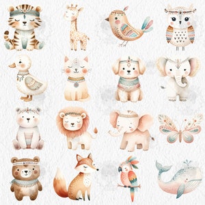 Boho Animal Clipart, Watercolor Clipart, Woodland Animals, Boho Baby ...