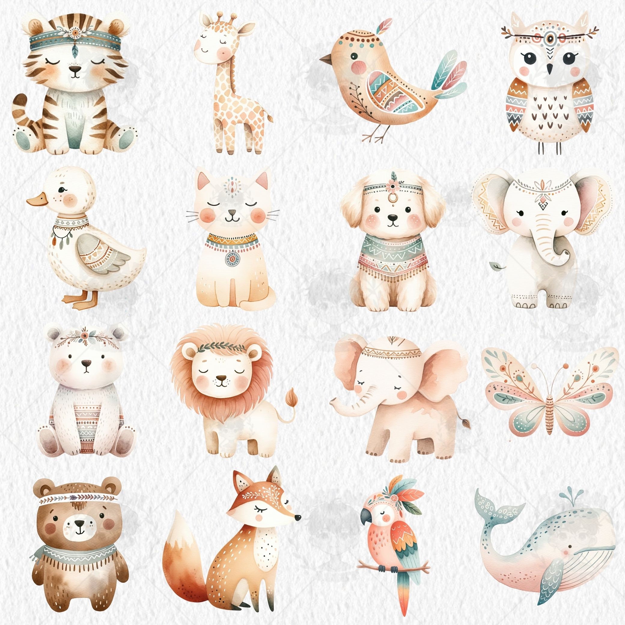 Boho Animal Clipart, Watercolor Clipart, Woodland Animals, Boho Baby ...