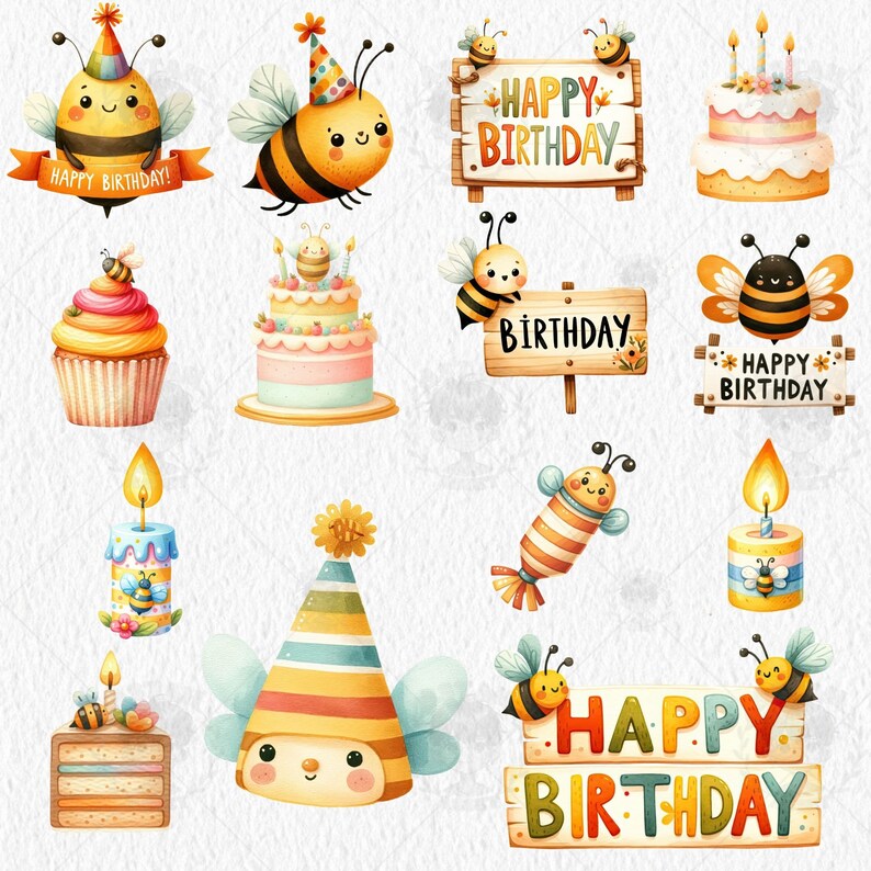 Bee Birthday Watercolor Clipart, Cute Bee Clipart, Bumble Bee Clipart ...