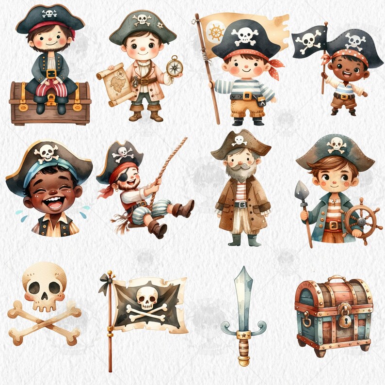 Watercolor Pirate Clipart: Nautical Decor, Pirate Ship (PDF) - Etsy