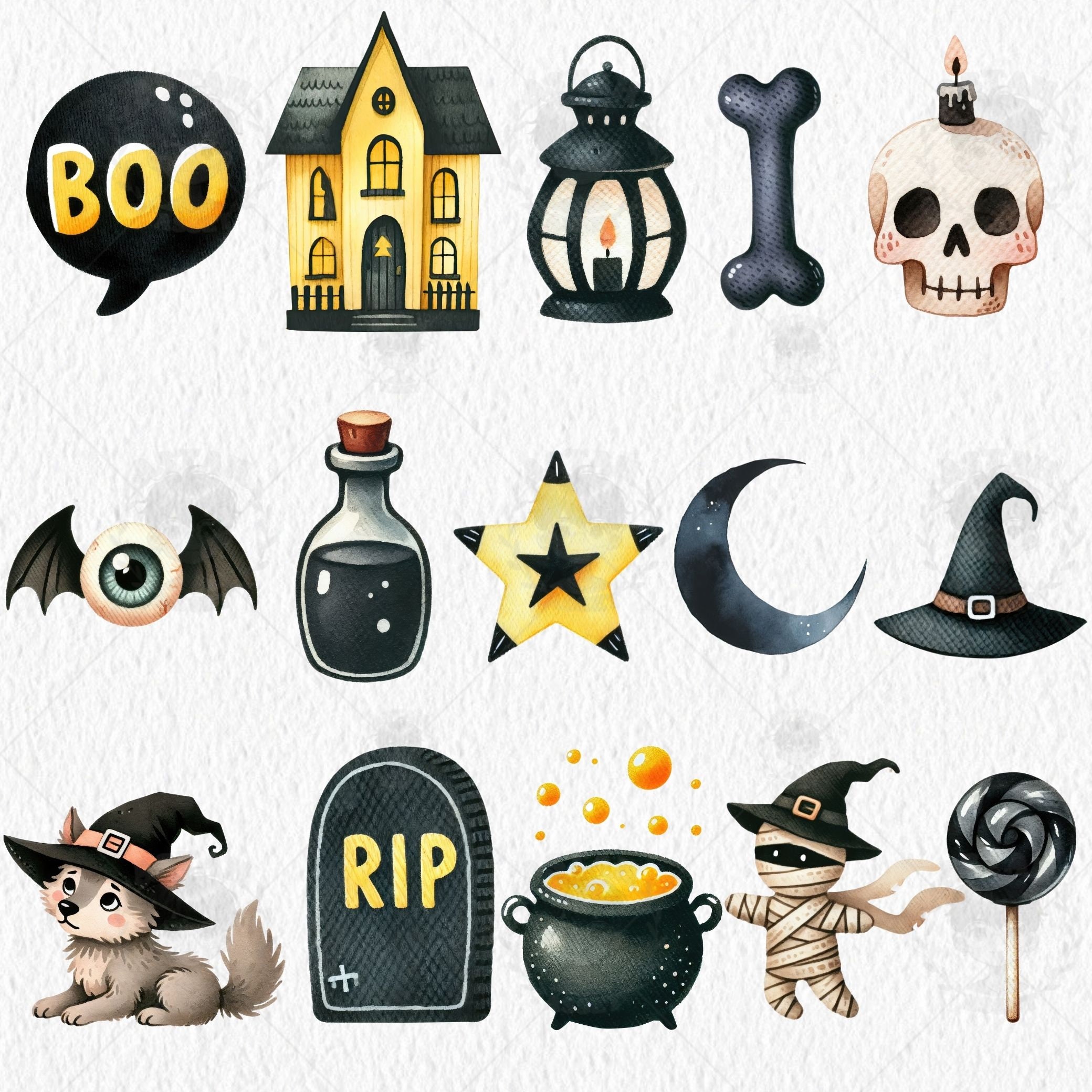 Black Halloween Watercolor Clipart: Spooky PNG Images (digital Download ...