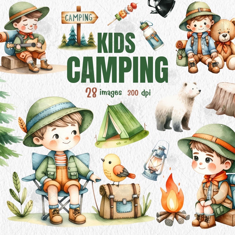 Kids Camping ,watercolor Clipart ,cute Camper Png, Childrens Activities ...