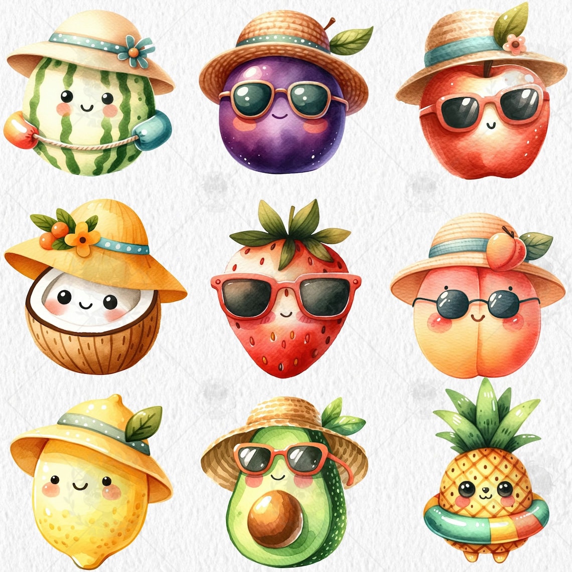 Summer Fruit Watercolor Clipart, Kawaii Fruit Clipart, Cute Food ...