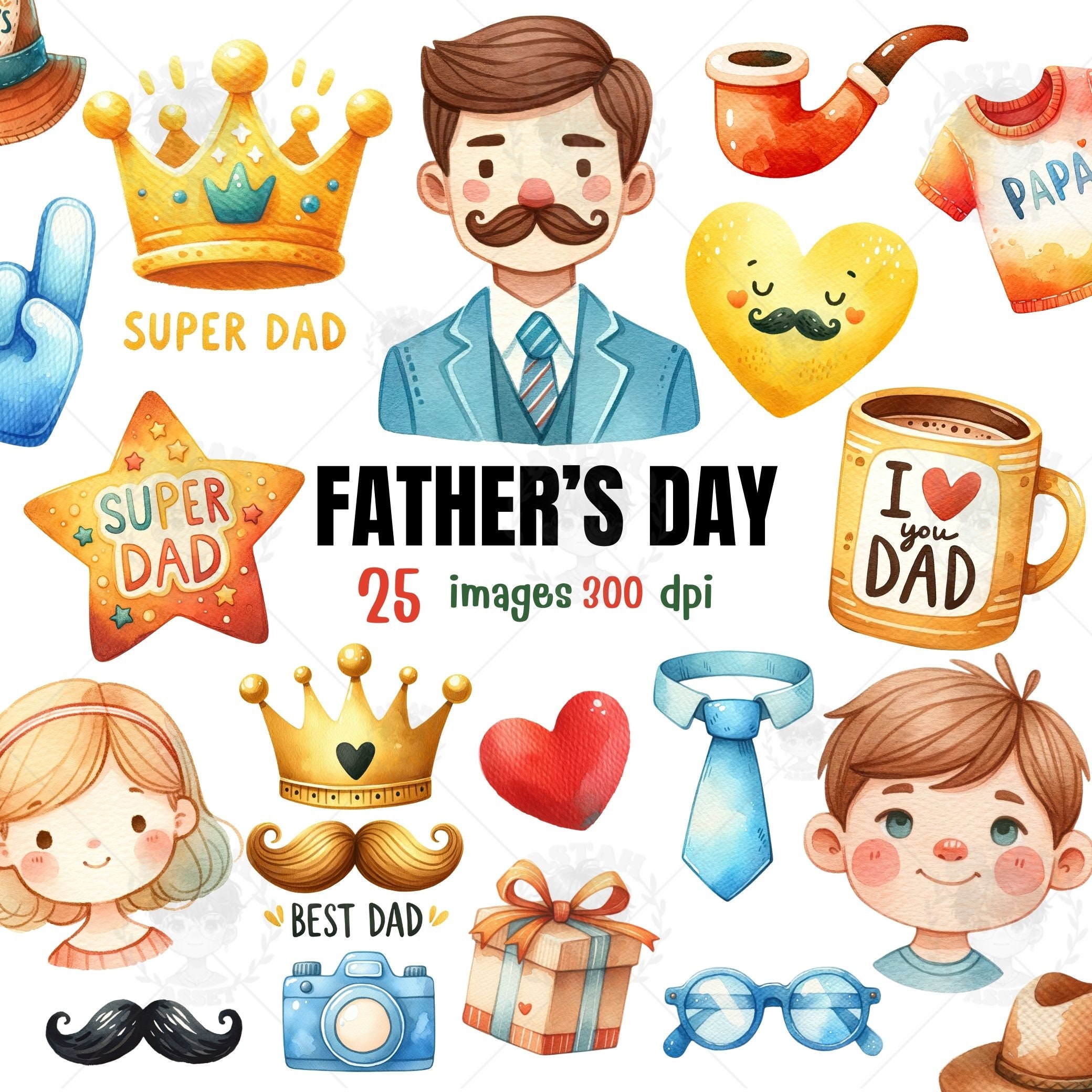 Father's Day Clipart, Watercolor Clipart, Happy Fathers Day, Kids ...