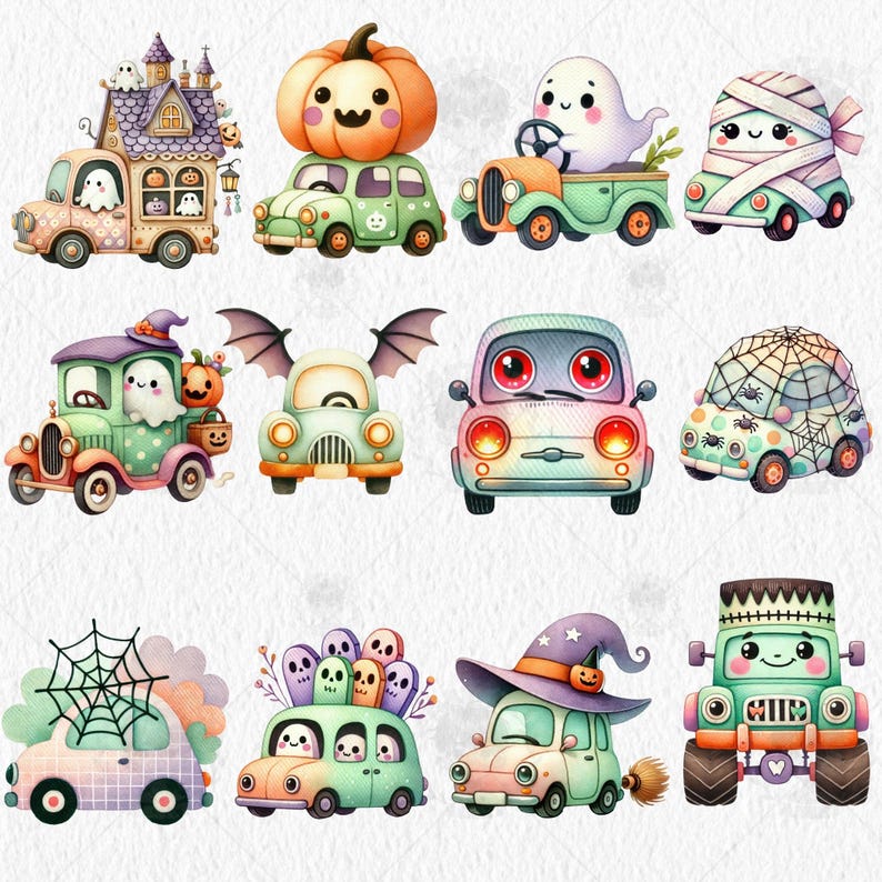 Halloween Car Decor Watercolor Clipart, Halloween PNG, Spooky Clipart ...
