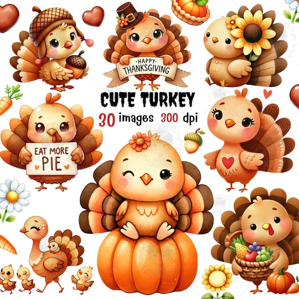 Cute Turkey Clipart - Etsy