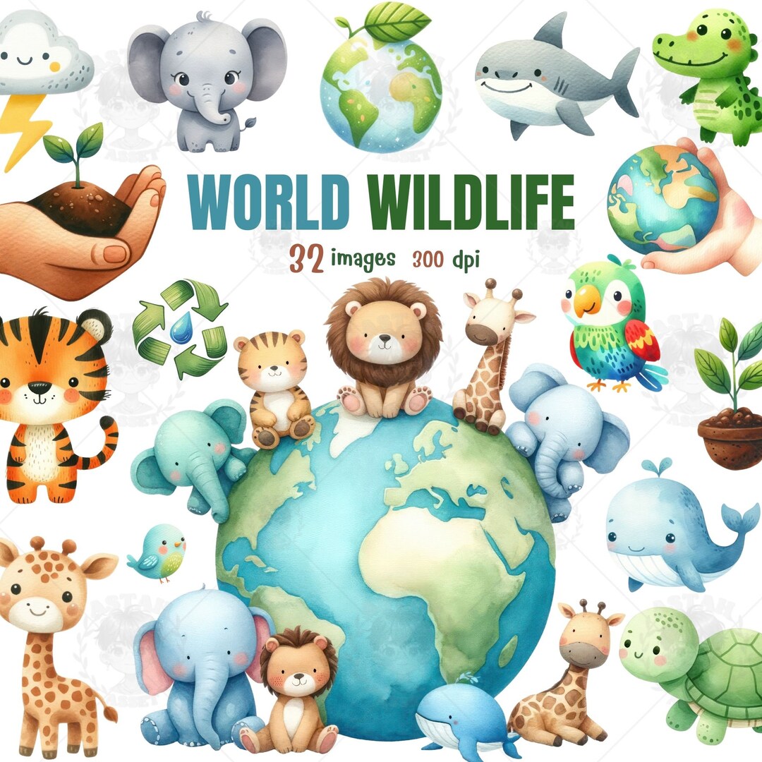 Earth Day ,wildlife Clipart ,animals Watercolor Clipart, Animals Kids ...
