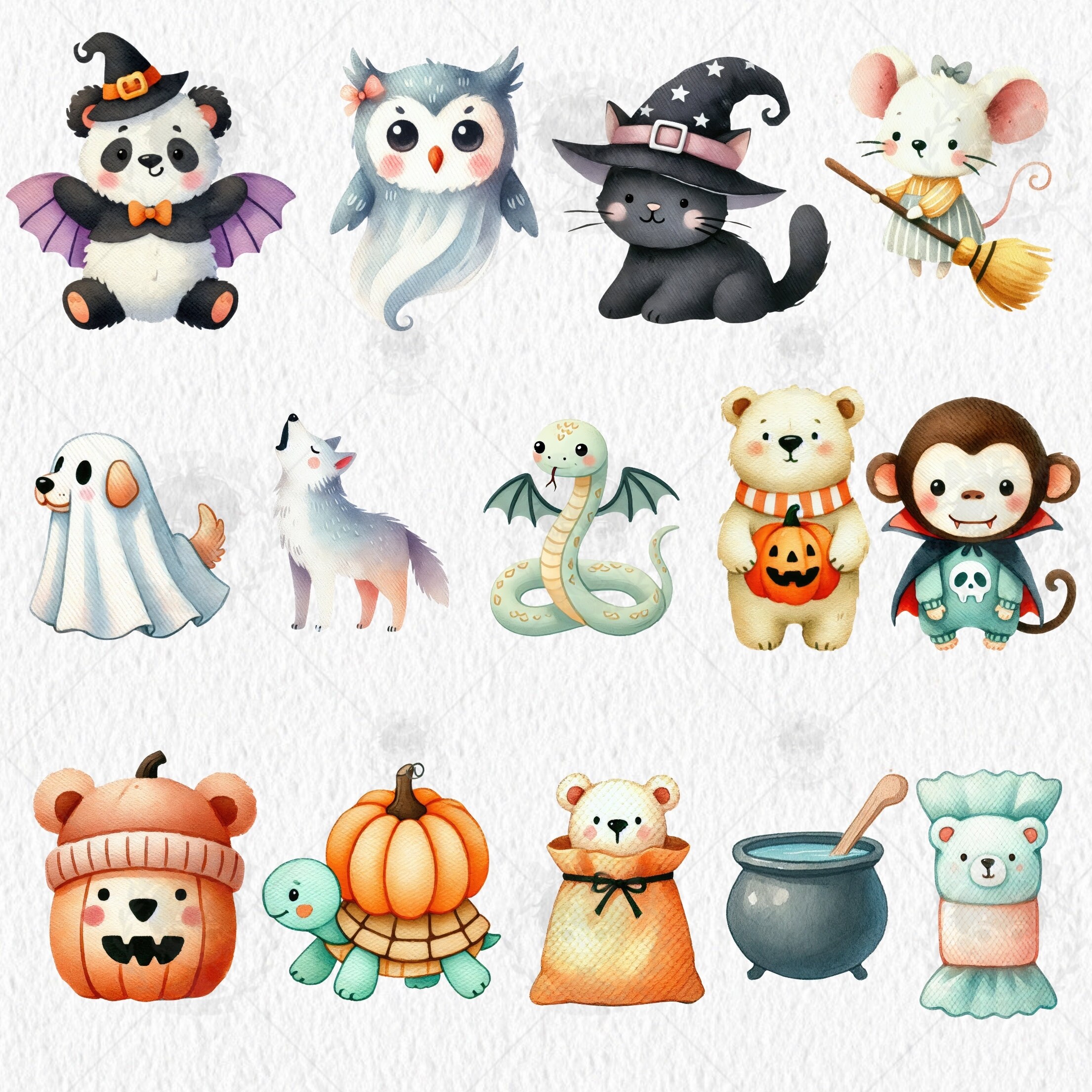 Halloween Animals Watercolor Clipart, Halloween PNG, Cute Animals, Kids ...