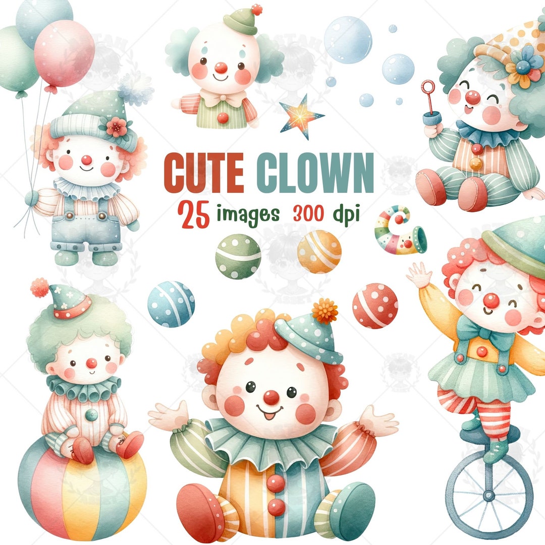 Cute Clown Watercolor Clipart, Halloween Clipart, Baby Birthday Decor ...