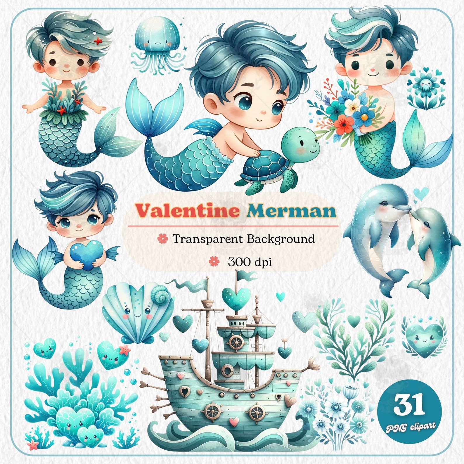 Watercolor Valentine Blue Merman Clipart,love,sea Valentine ,gift ...