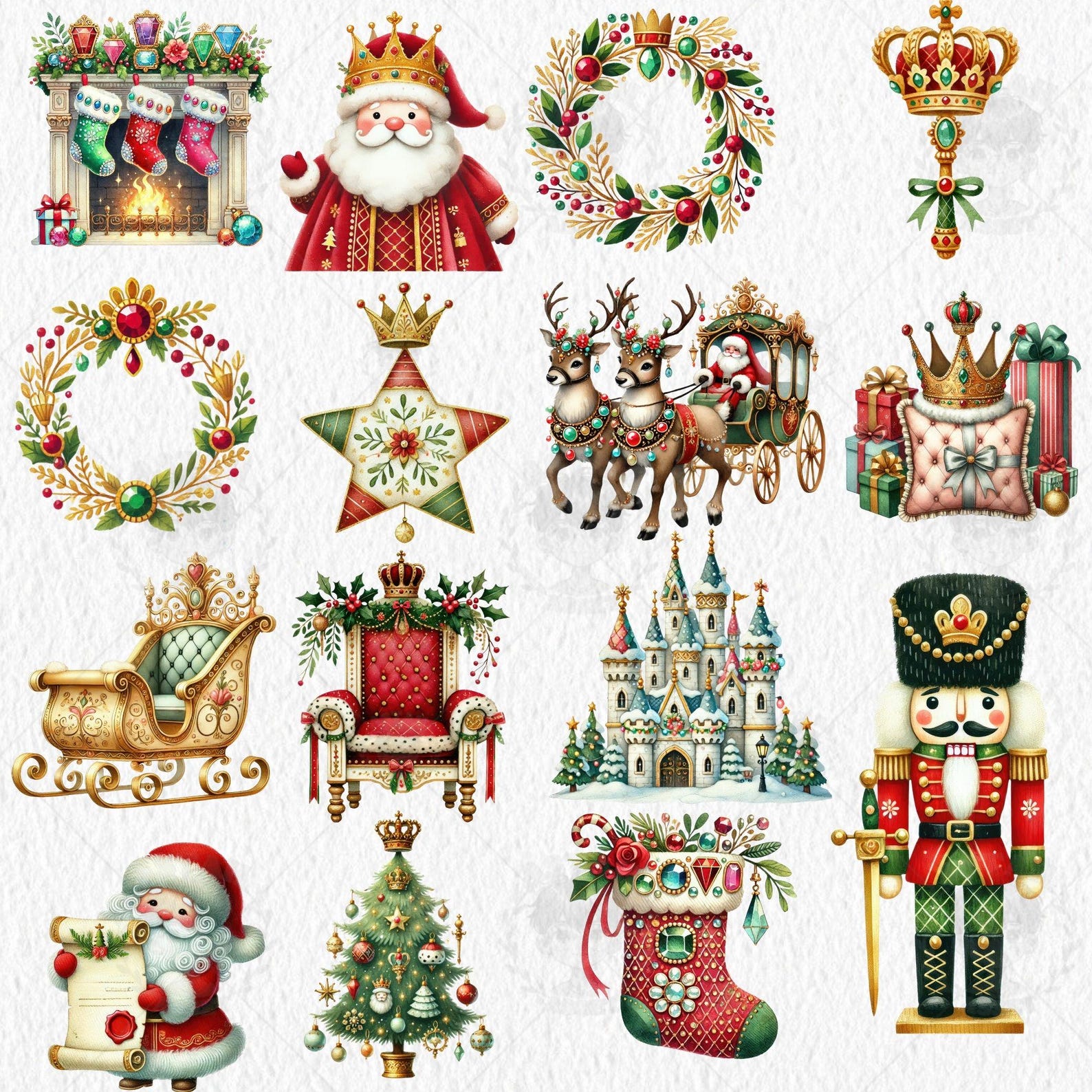 Royal Christmas Watercolor Clipart: Santa, Snowman, Crowns (PNG, 300 ...