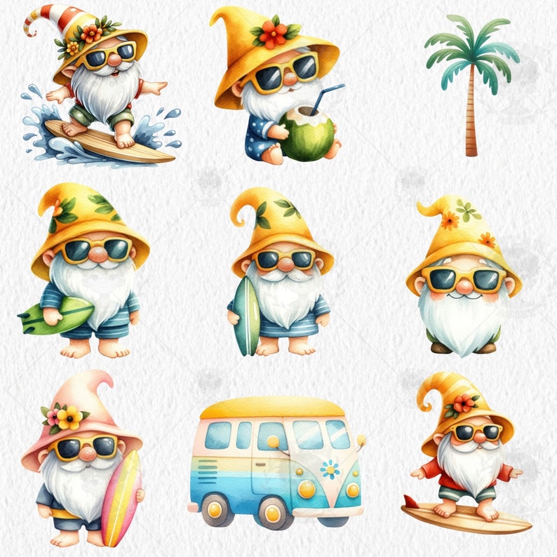 Cute Gnome Surfing ,watercolor Clipart ,sea , Gnomes Beach Sublimation ...