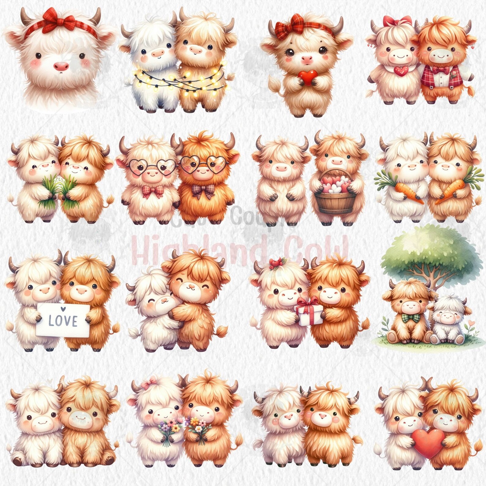 Cute Couple Highland Cows Water Color Clipart ,valentine Animals Decor ...