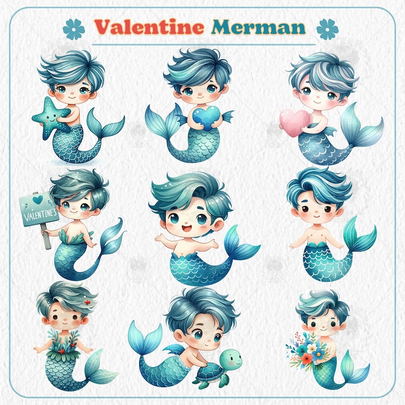 Watercolor Valentine Blue Merman Clipart,love,sea Valentine ,gift ...