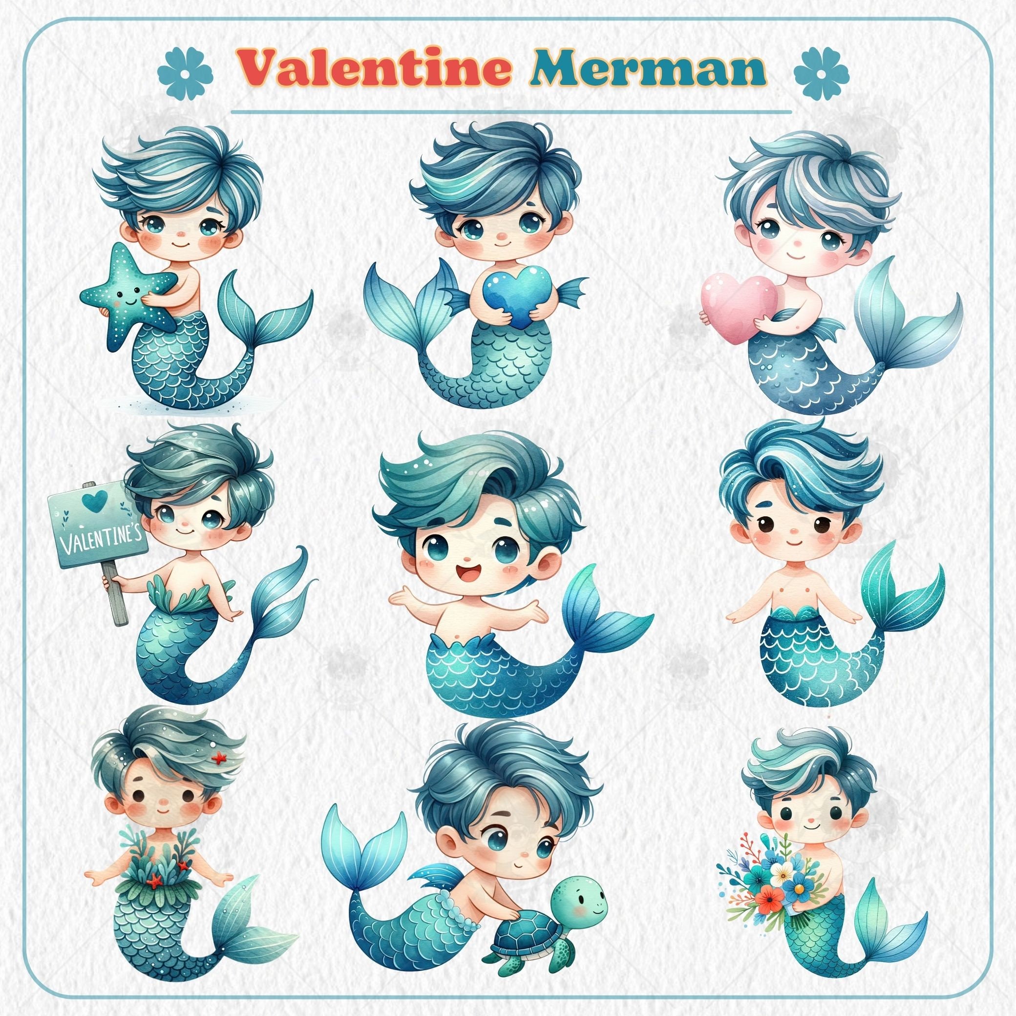 Watercolor Valentine Blue Merman Clipart,love,sea Valentine ,gift ...