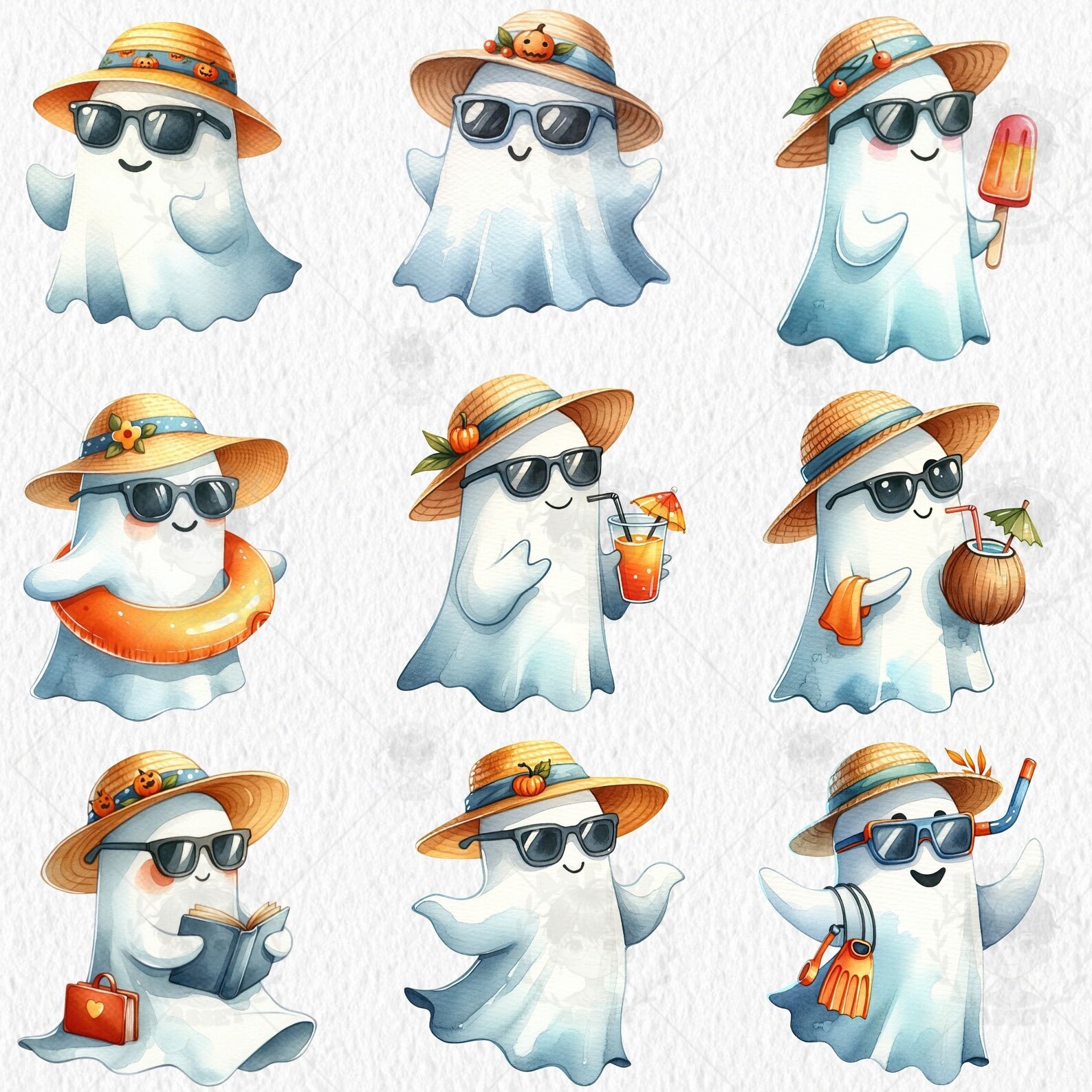 Ghost Summer Watercolor Clipart, Halloween Clipart, Cute Ghost Clipart ...