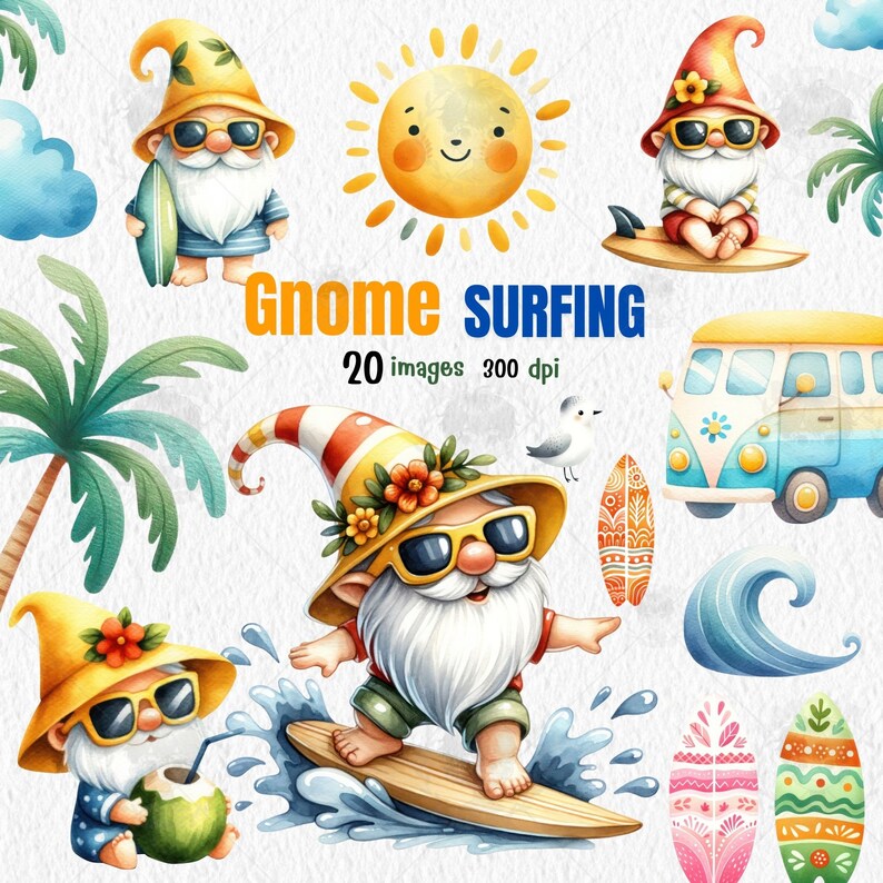Cute Gnome Surfing ,watercolor Clipart ,sea , Gnomes Beach Sublimation ...
