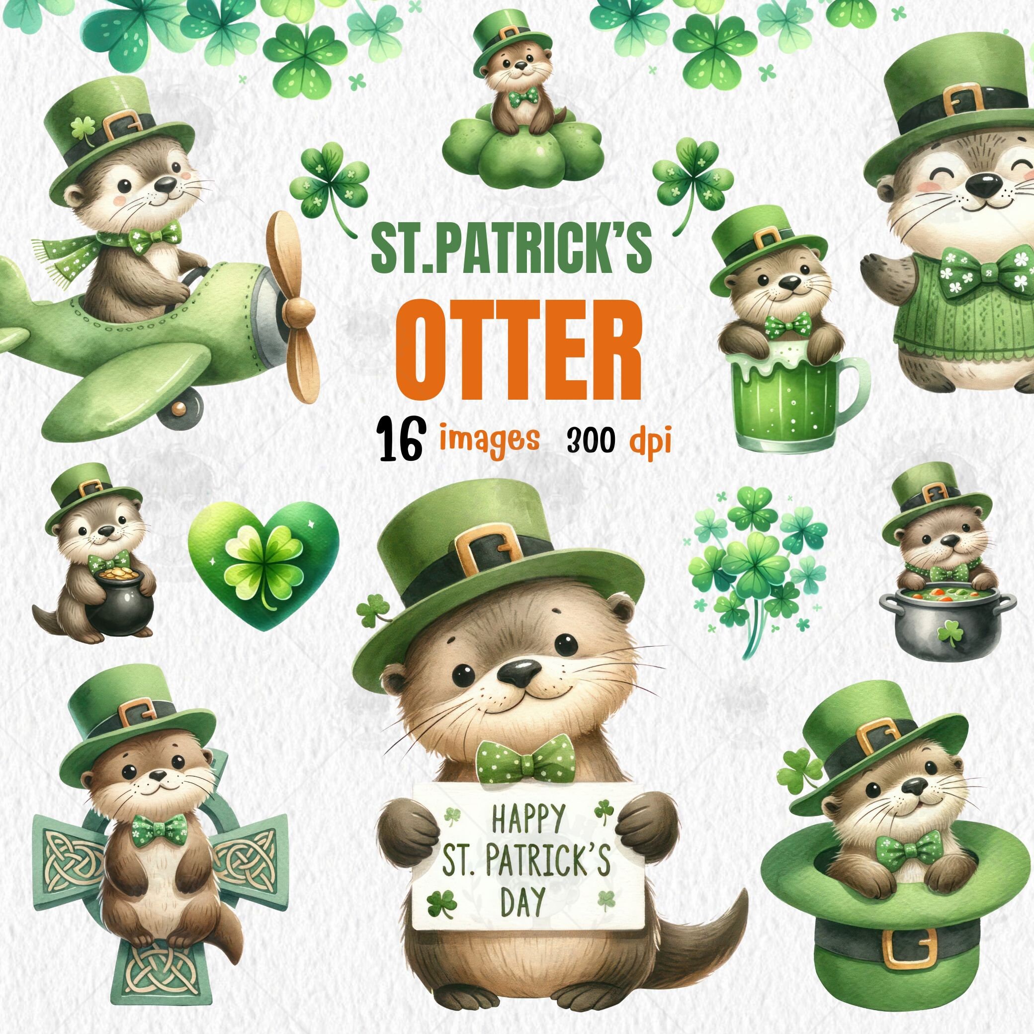 Cute Otter St. Patrick's Day Clipart, Watercolor , Shamrock Clipart ...