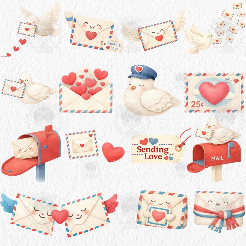 Watercolor Valentine Mail Clipart Bundle | Cupid Post Office ...