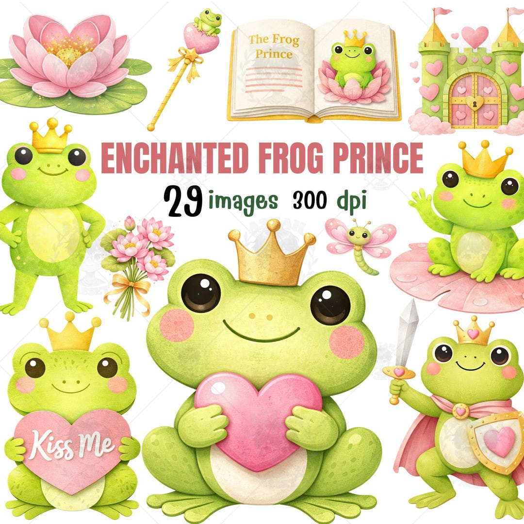 Frog Prince Valentine Clipart PNG Bundle | Watercolor Fairy Tale ...