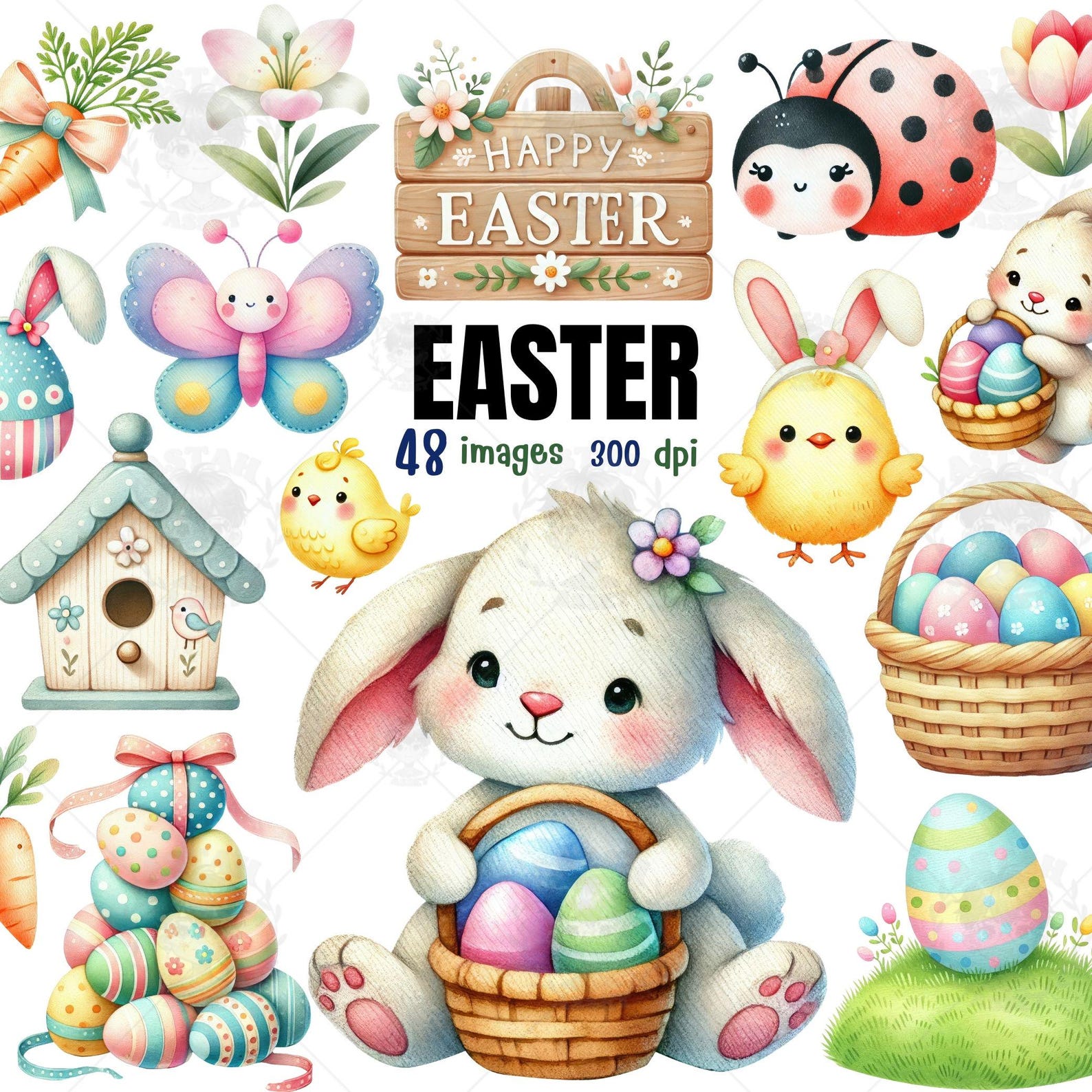 Happy Easter Watercolor Clipart, Cute Easter, Easter Bunny Clipart ...