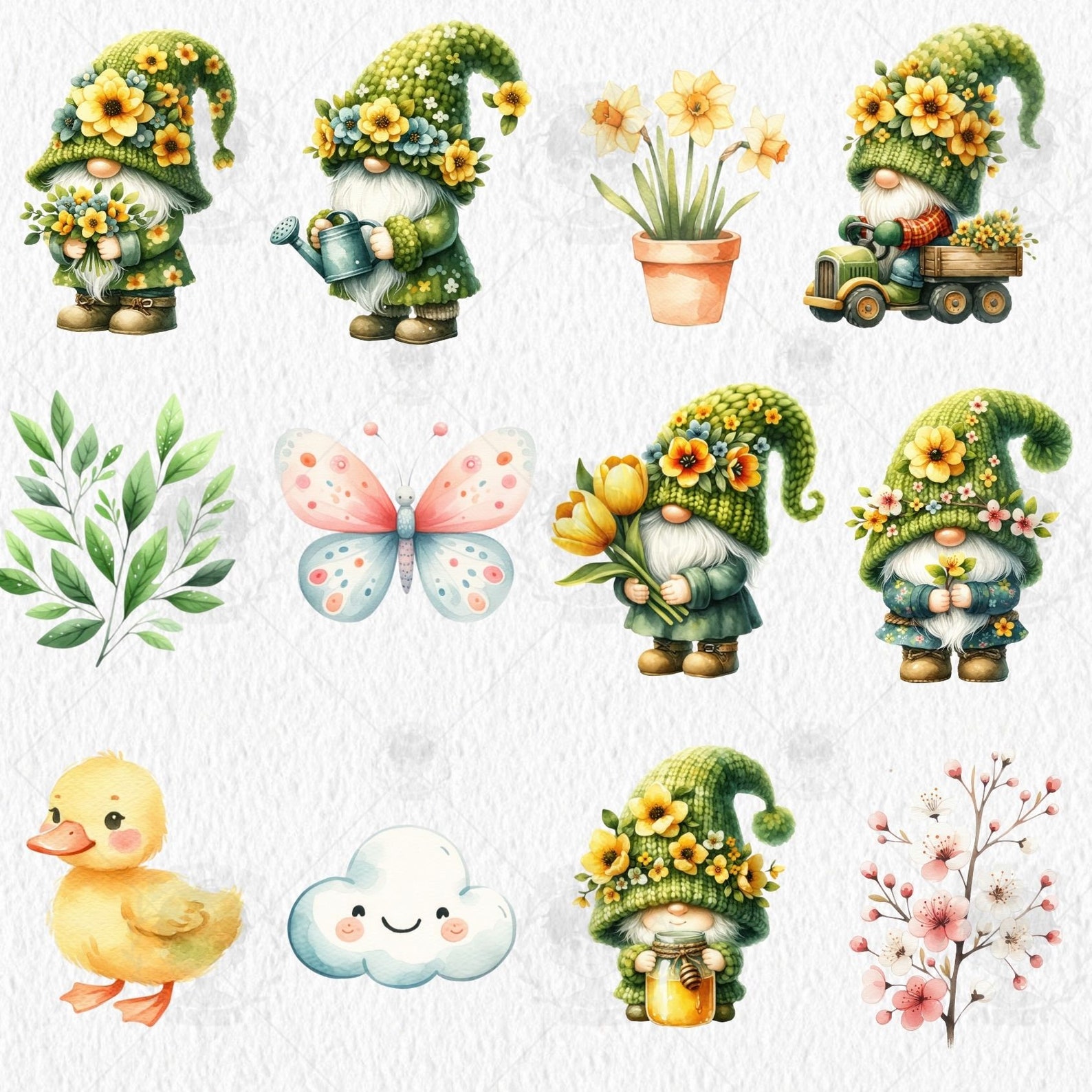 Cute Spring Gnome ,watercolor Clipart ,spring Activities,flower ,bumble ...