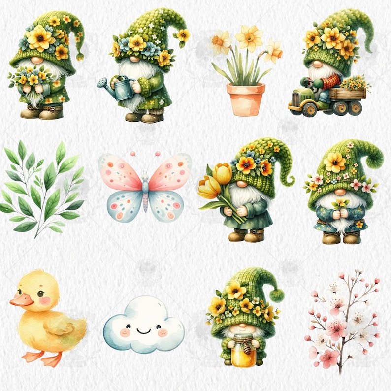 Cute Spring Gnome ,watercolor Clipart ,spring Activities,flower ,bumble ...