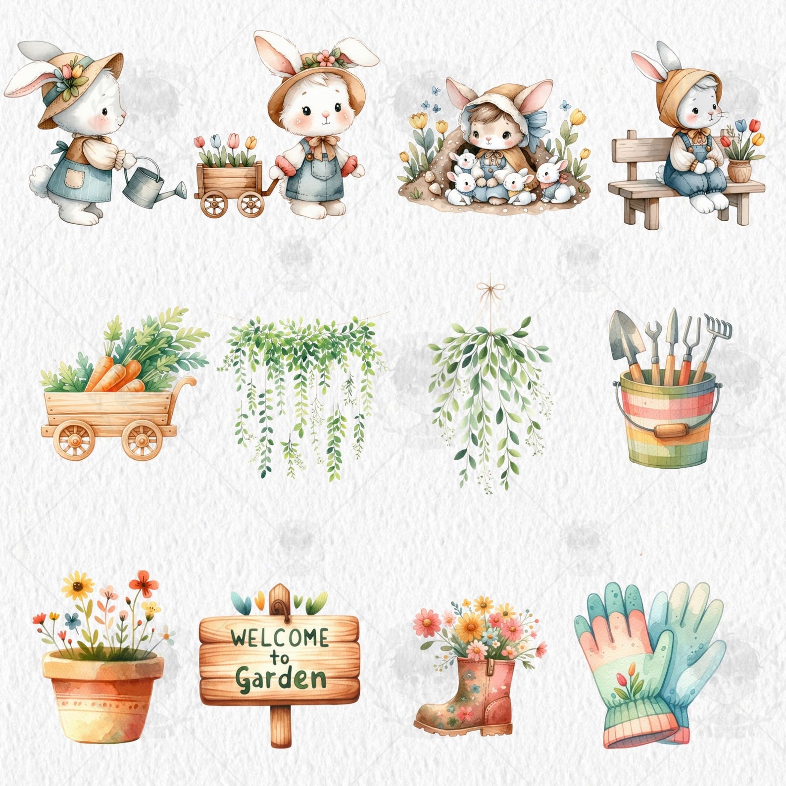 Rabbit Garden Watercolor Clipart: Bunny & Carrot PNG (digital Download ...
