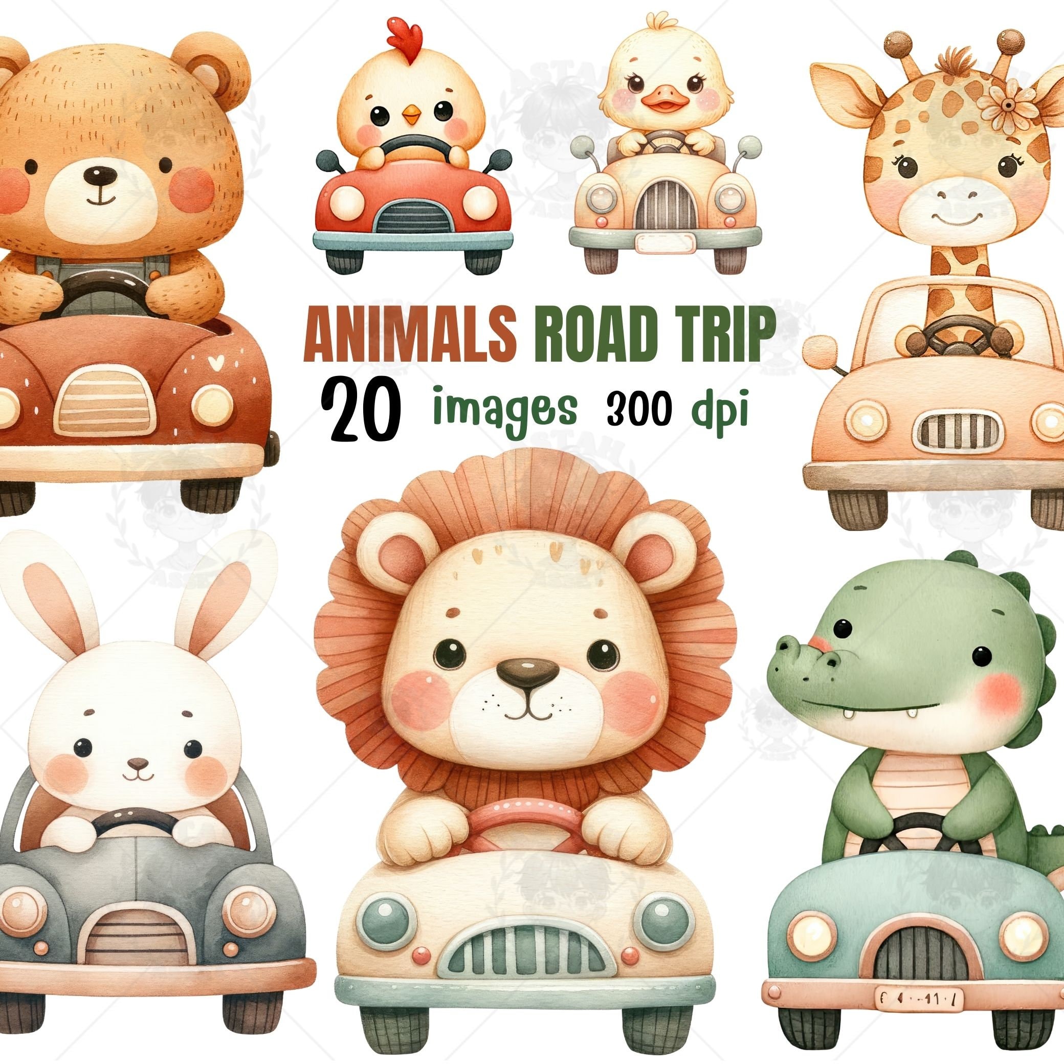 Animal Road Trip Watercolor Clipart, Animal Car, Cute Baby Animals ...