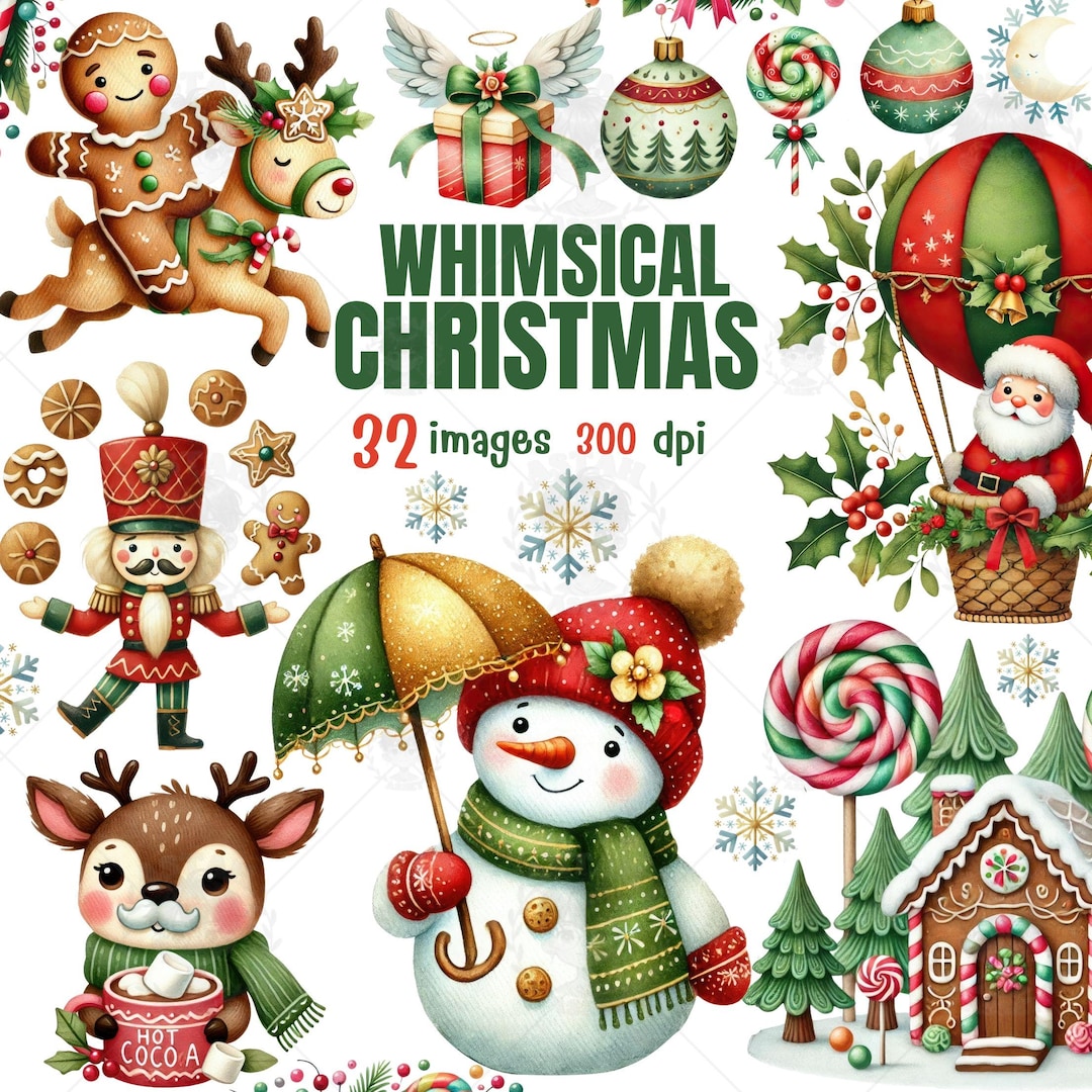 Whimsical Christmas Watercolor Clipart: Santa, Elf, Reindeer (PNG) - Etsy