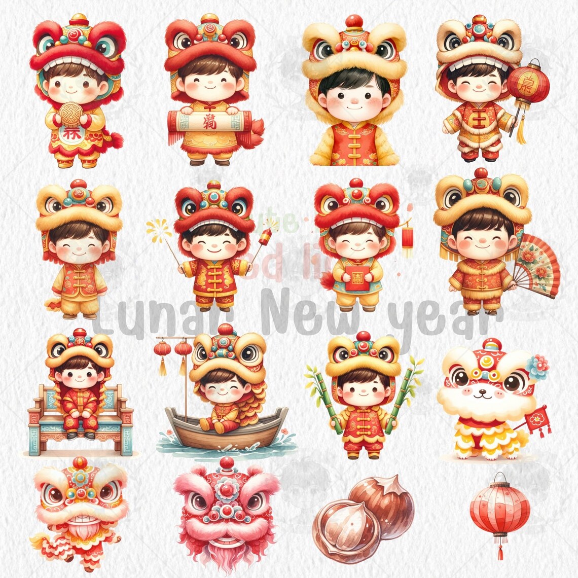 Cute Kid Lion Dance Water Color Chinese New Year Clipart ,2024 , Lion ...