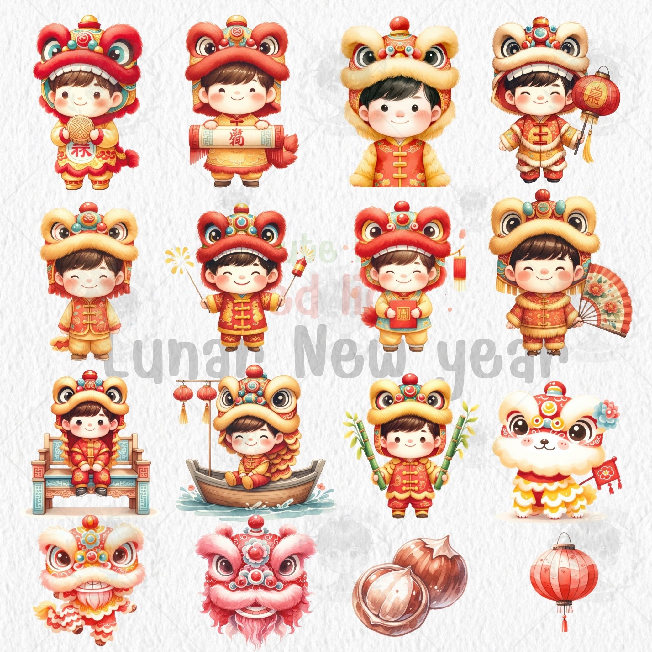 Cute Kid Lion Dance Water Color Chinese New Year Clipart ,2024 , Lion ...