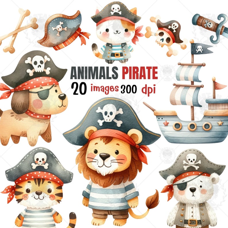 Animals Pirate Watercolor Clipart: Nautical Baby Shower Decor (PDF) - Etsy