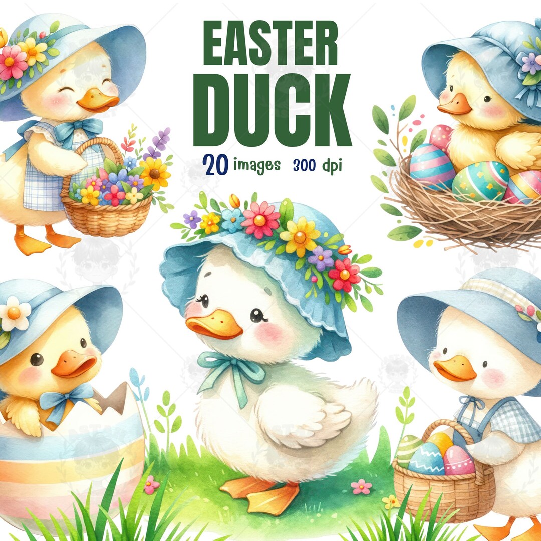 Easter Duck Watercolor Clipart , Easter Eggs, Cute Ducklings Clipart ...