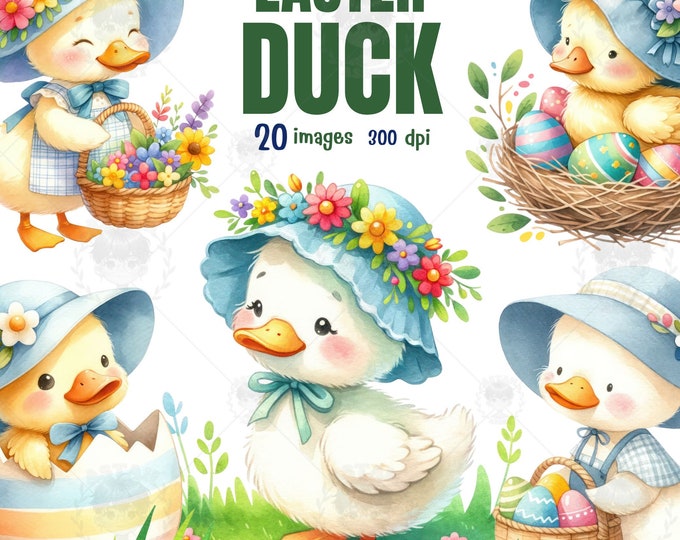 Easter Duck Watercolor Clipart – 36 PNG Cute Ducks With Easter Eggs ...