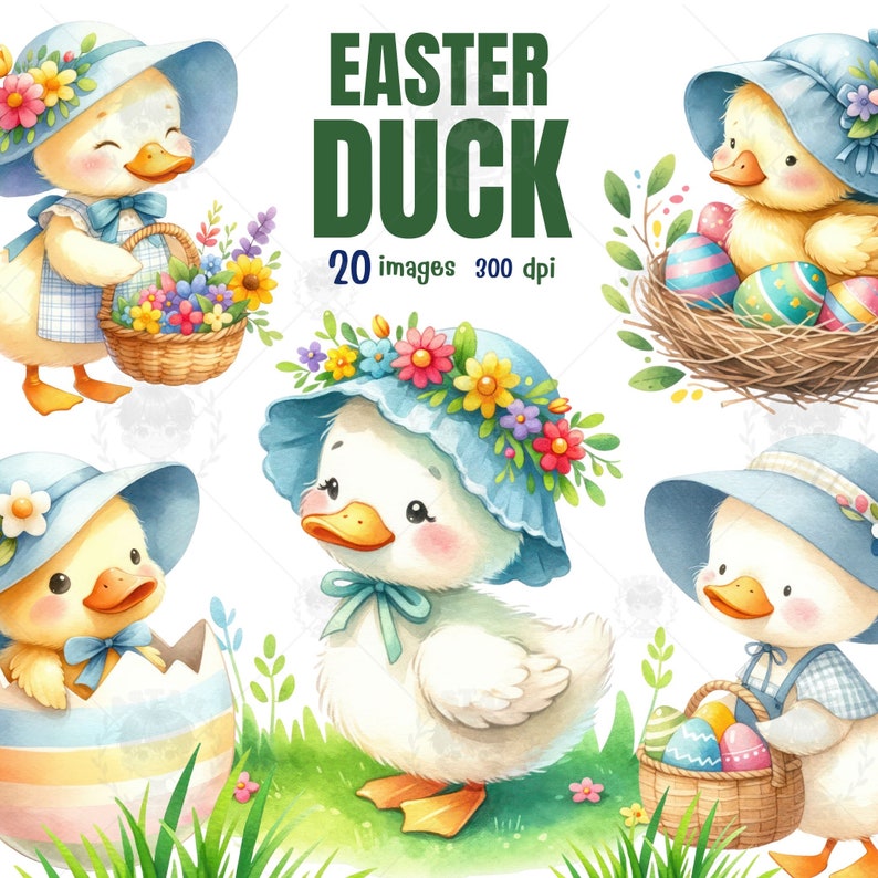 Easter Duck Watercolor Clipart , Easter Eggs, Cute Ducklings Clipart, Nursery Spring Decor ...