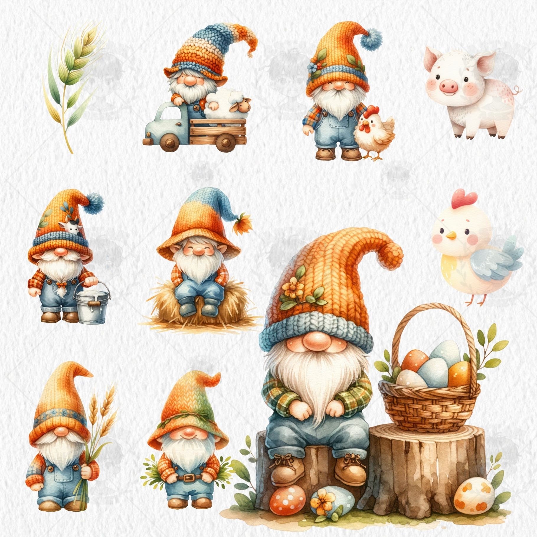 Cute Gnome Animal Farm ,watercolor Clipart ,farmer , Gnomes Sublimation ...