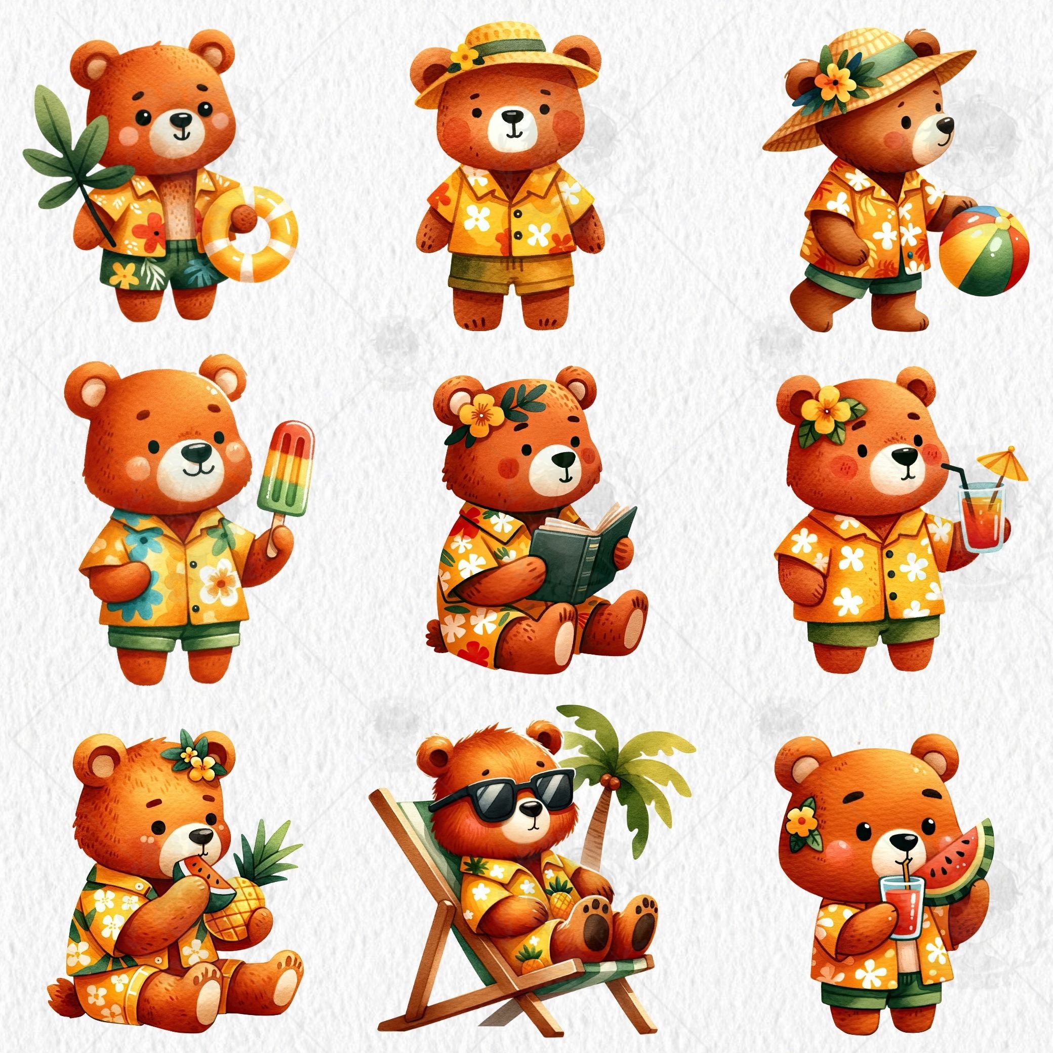 Summer Bear Clipart, Summer Watercolor Clipart, Hello Summer PNG, Cute ...