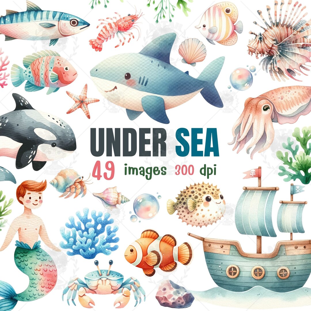 Under the Sea Watercolor Clipart, Summer Beach Clipart, Mermaid Clipart ...