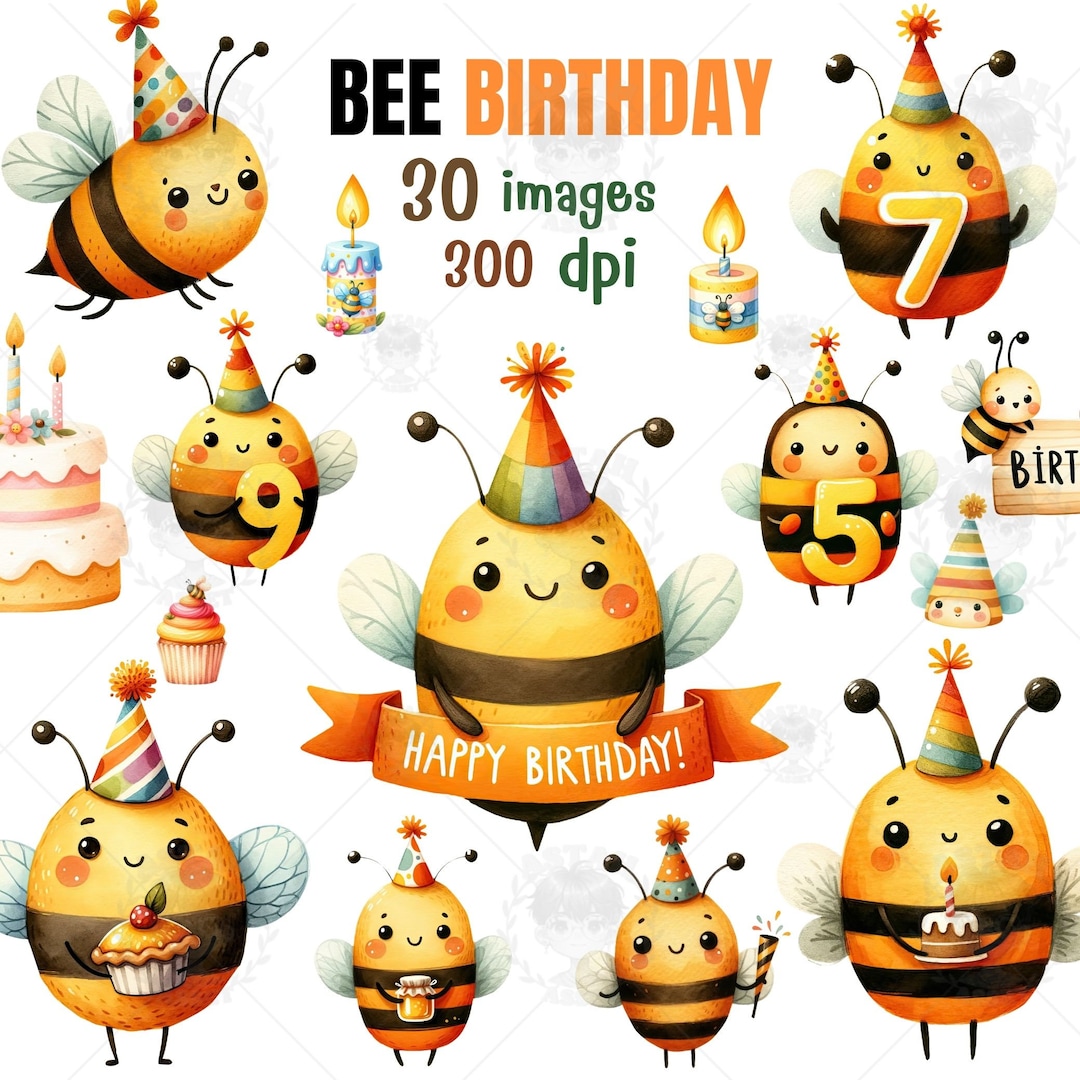 Bee Birthday Watercolor Clipart, Cute Bee Clipart, Bumble Bee Clipart ...