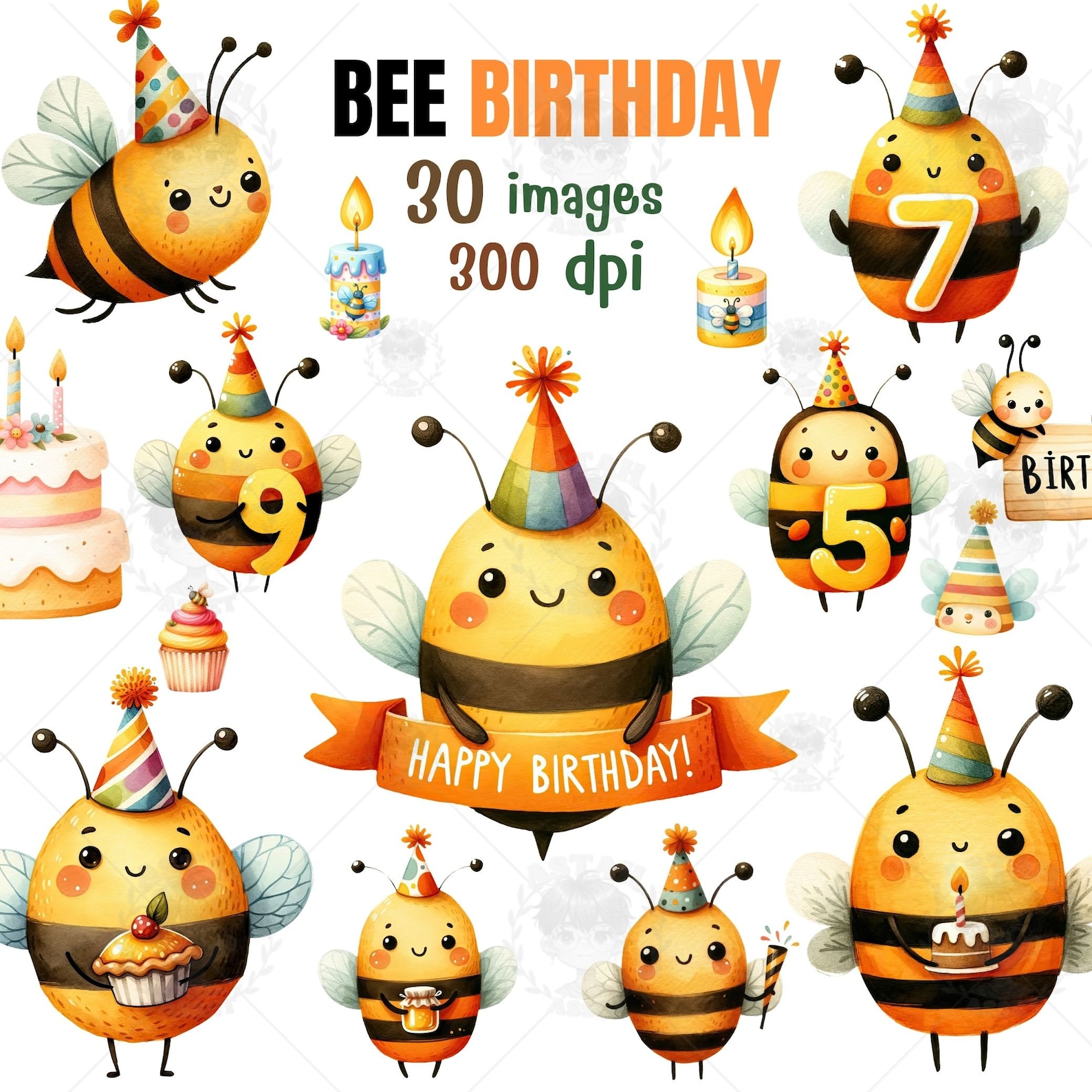 Bee Birthday Watercolor Clipart, Cute Bee Clipart, Bumble Bee Clipart ...