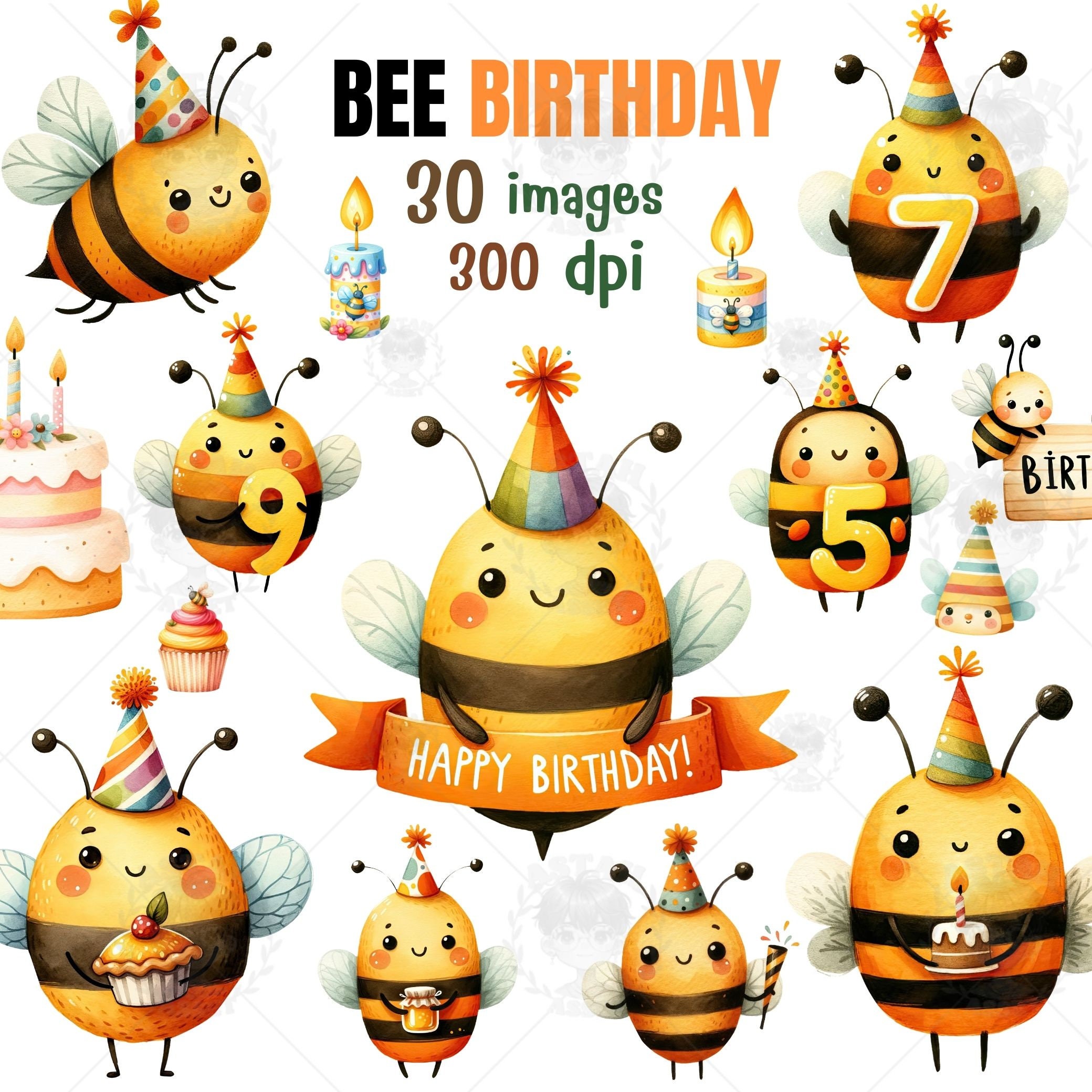 Bee Birthday Watercolor Clipart, Cute Bee Clipart, Bumble Bee Clipart ...
