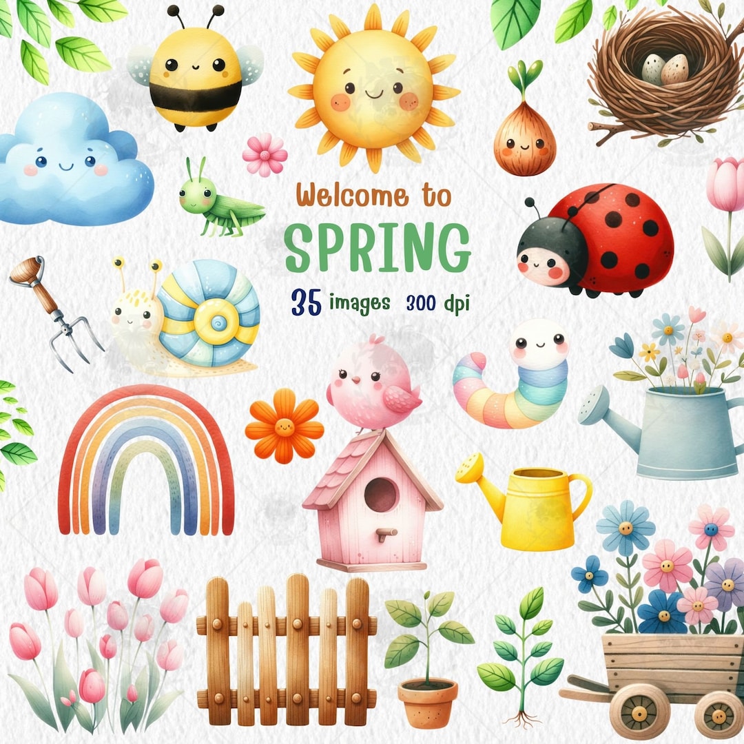 Watercolor Spring Clipart: Garden Animals, Flowers (PDF) - Etsy