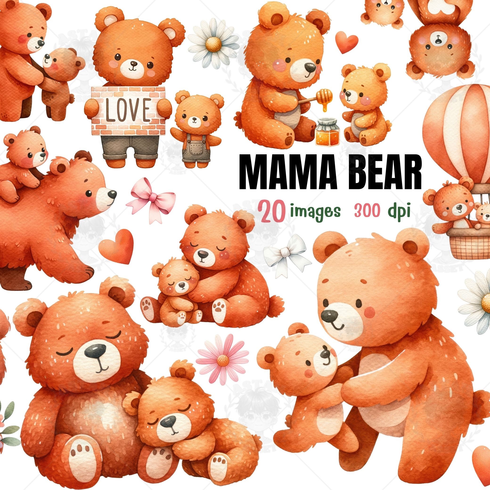 Mama Bear Watercolor Clipart, Mother Day, Baby Bear, Cute Bear Clipart ...