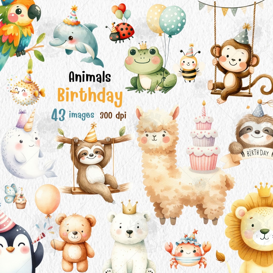 Watercolor Animals Birthday Clipart: Party PNG Set (digital Download ...