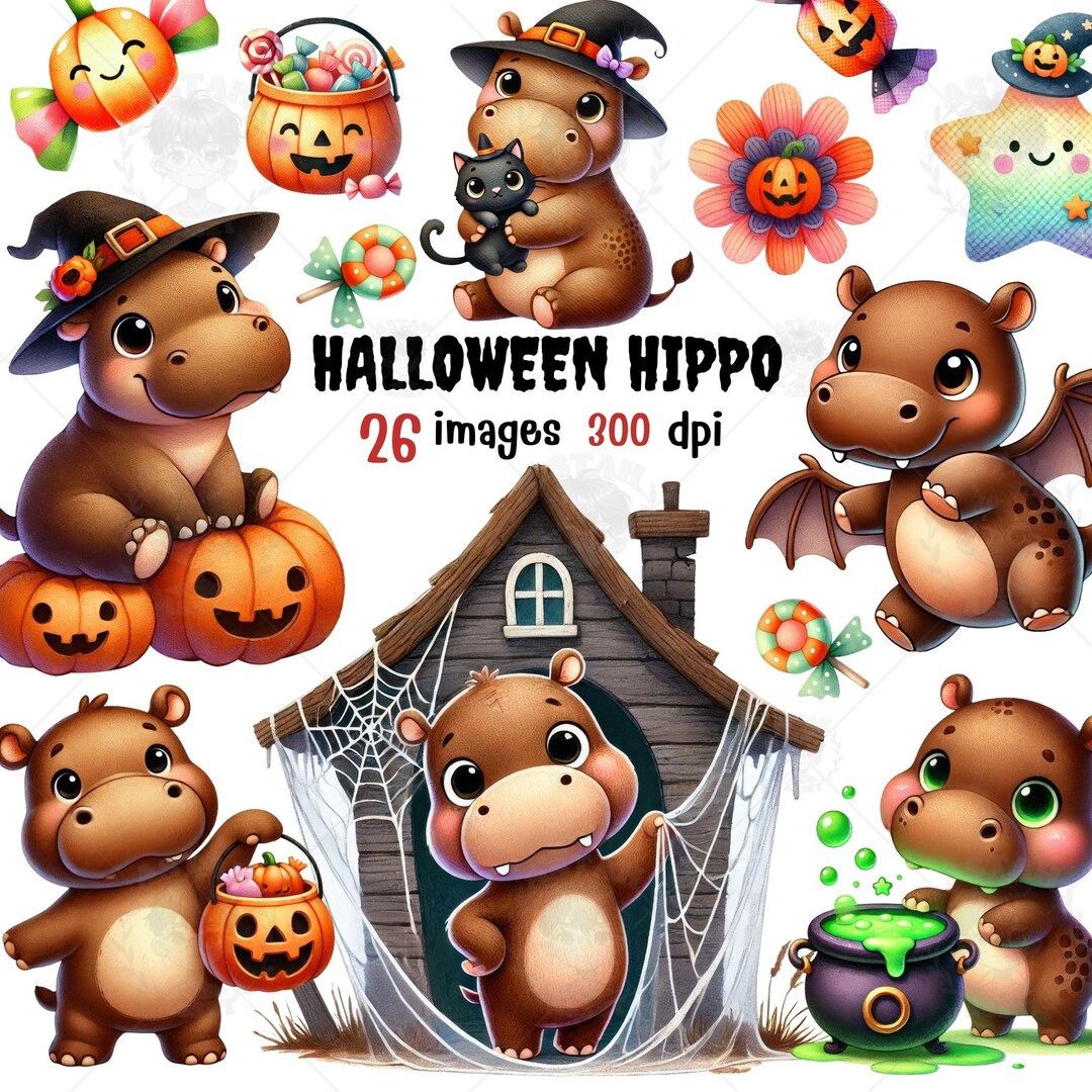 Halloween Hippo Watercolor Clipart, Halloween Animal PNG, Baby Animals ...