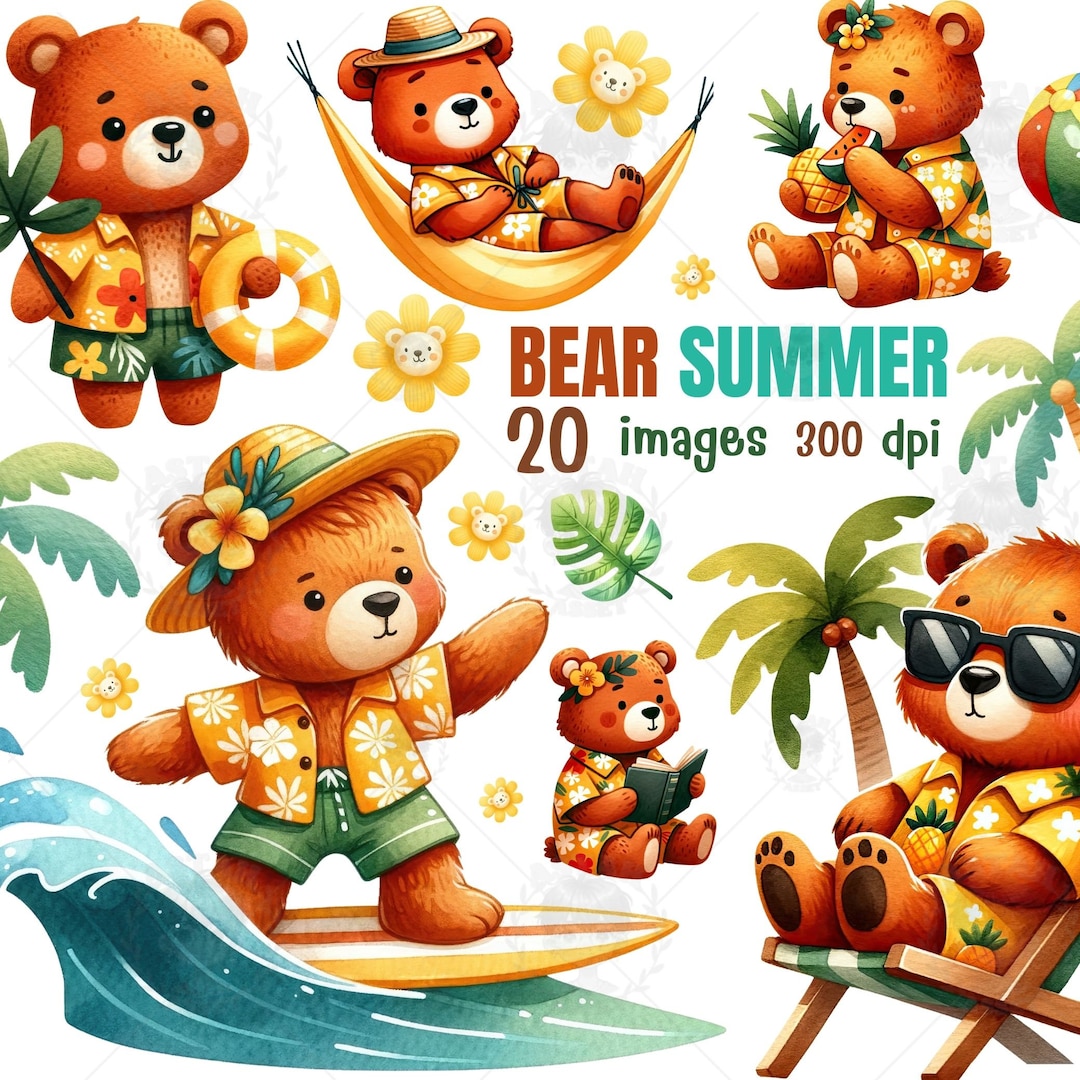 Summer Bear Clipart, Summer Watercolor Clipart, Hello Summer PNG, Cute ...