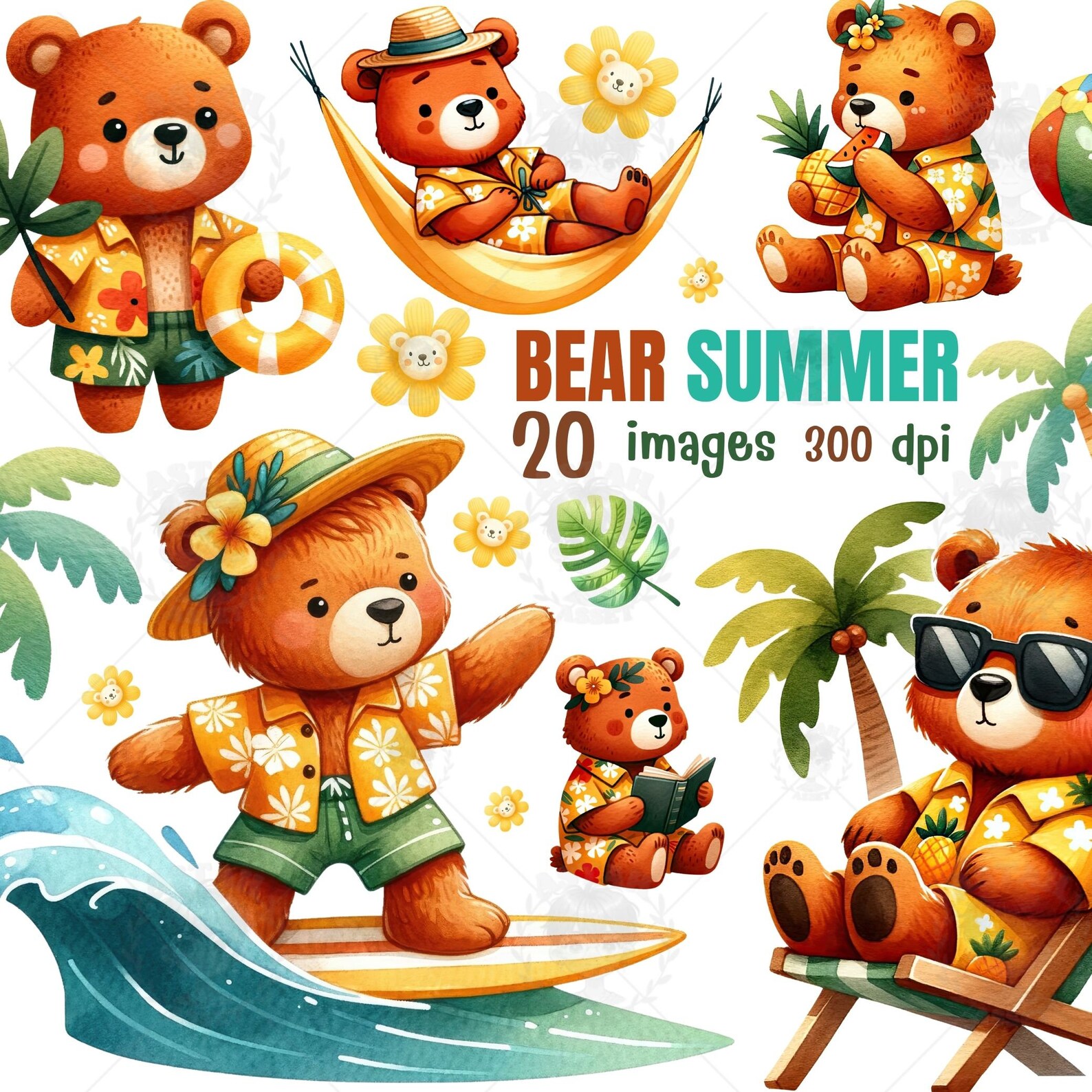 Summer Bear Clipart, Summer Watercolor Clipart, Hello Summer PNG, Cute ...