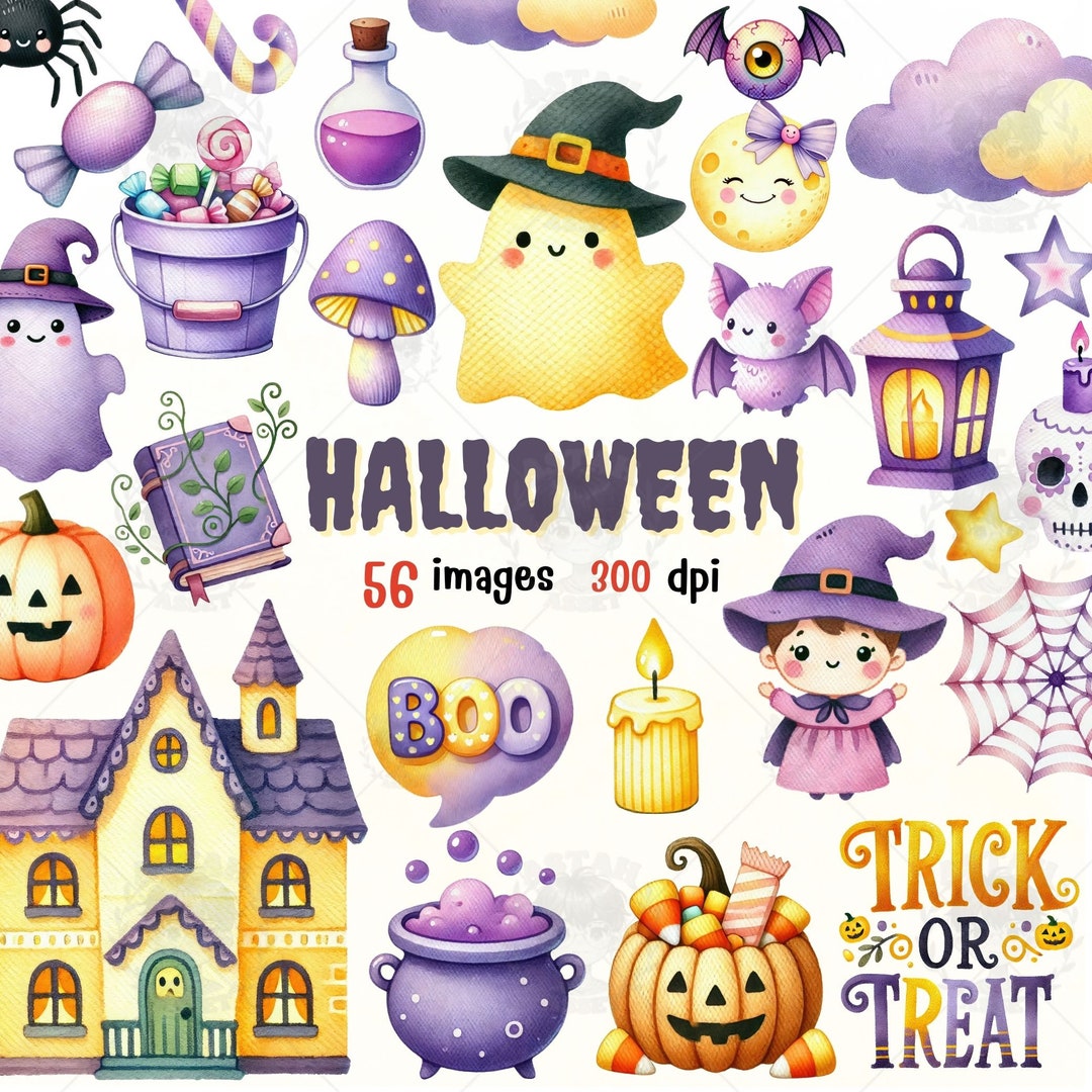 Halloween Watercolor Clipart, Halloween PNG, Spooky Clipart, Cute ...