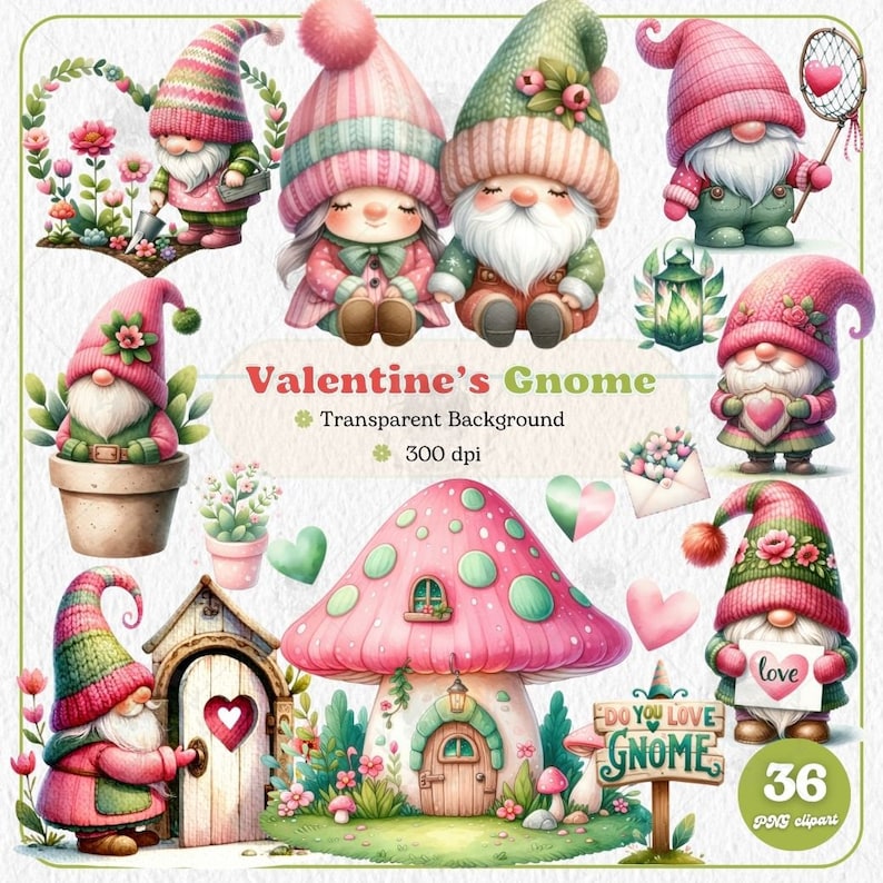 Valentines Gnomes Watercolor Clip Art, Couple Gnome in Love , Png ...